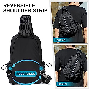 KEYEMP Small Sling Crossbody Bag Backpack Waterproof Lightweight Shoulder Travel Hiking Chest Bags with USB Charging Port for Men Women, Black