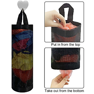 2 Pcs Plastic Bag Holder Trash Bags Storage Dispenser Organizer for Home Kitchen Mesh Hanging Storage Dispensers Recycling Garbage Folding Hanging Storage Bag Grocery Bags Holder with 4 Hooks (Black)