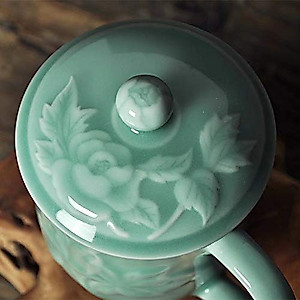 Teacups 13oz Coffee Mugs with Lid Porcelain Cups Embossed with Peony Chinese Celadon(01-Sky Blue)