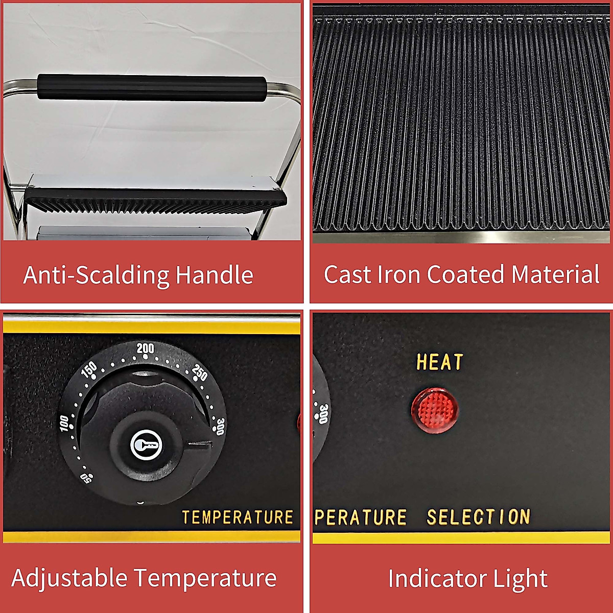 Yovtekc Commercial Panini Press Grill Flat 110V, Electric Stainless Steel Sandwich Panini Maker Non-stick 2200W, Temperature Control 122℉-572℉ for Hamburgers Steaks Bacons