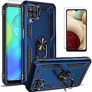 STARSHOP Samsung Galaxy A42 5G Phone Case, with [Tempered Glass Screen Protector Included], Military Grade Shockproof Protective Dual Layer Phone Cover with Metal Ring Kickstand - Navy