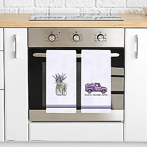 Watercolor Lavender Vase Kitchen Dish Towel 18 x 28 Inch, Seasonal Summer Lavender Truck Towels Dish Cloth for Cooking Baking Set of 2