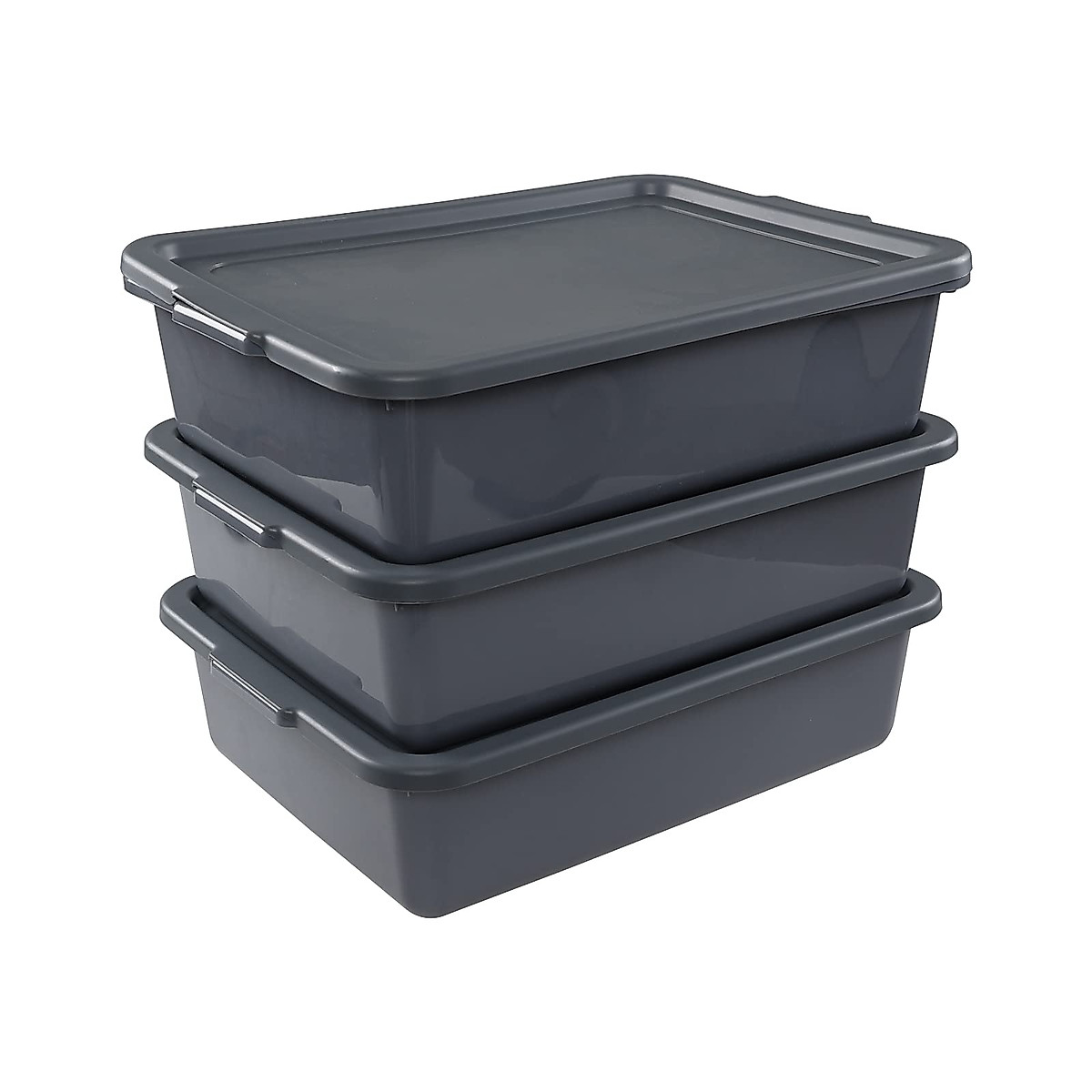Minekkyes 3-Pack Plastic Commercial Tote Box, Bus Tubs/Bus Box with Lid, Grey