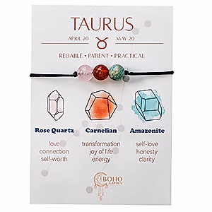 BOHO GARDEN Zodiac Bead Bracelets(Taurus) - 3 Polished Birthstone Crystal Beaded Bracelets - Made of Real & Natural Gemstones, Adjustable 3-9.7” Black Rope - Jewelry for Men, Women, Teens (13+) - 8mm Beads