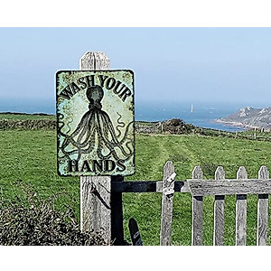 Octopus Wash Your Hands Bathroom Wall Metal Sign