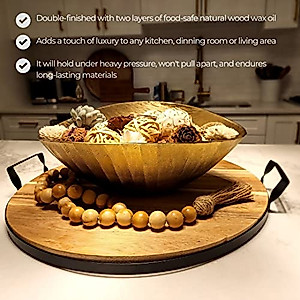 LIVMORE Large Round Wooden Tray Solid Serving with Handle Acacia Wood Circle Platter Decorative Charcuterie Cheese Board Oversized Ottoman Home Breakfast Tea Coffee Fruit Party Dinner