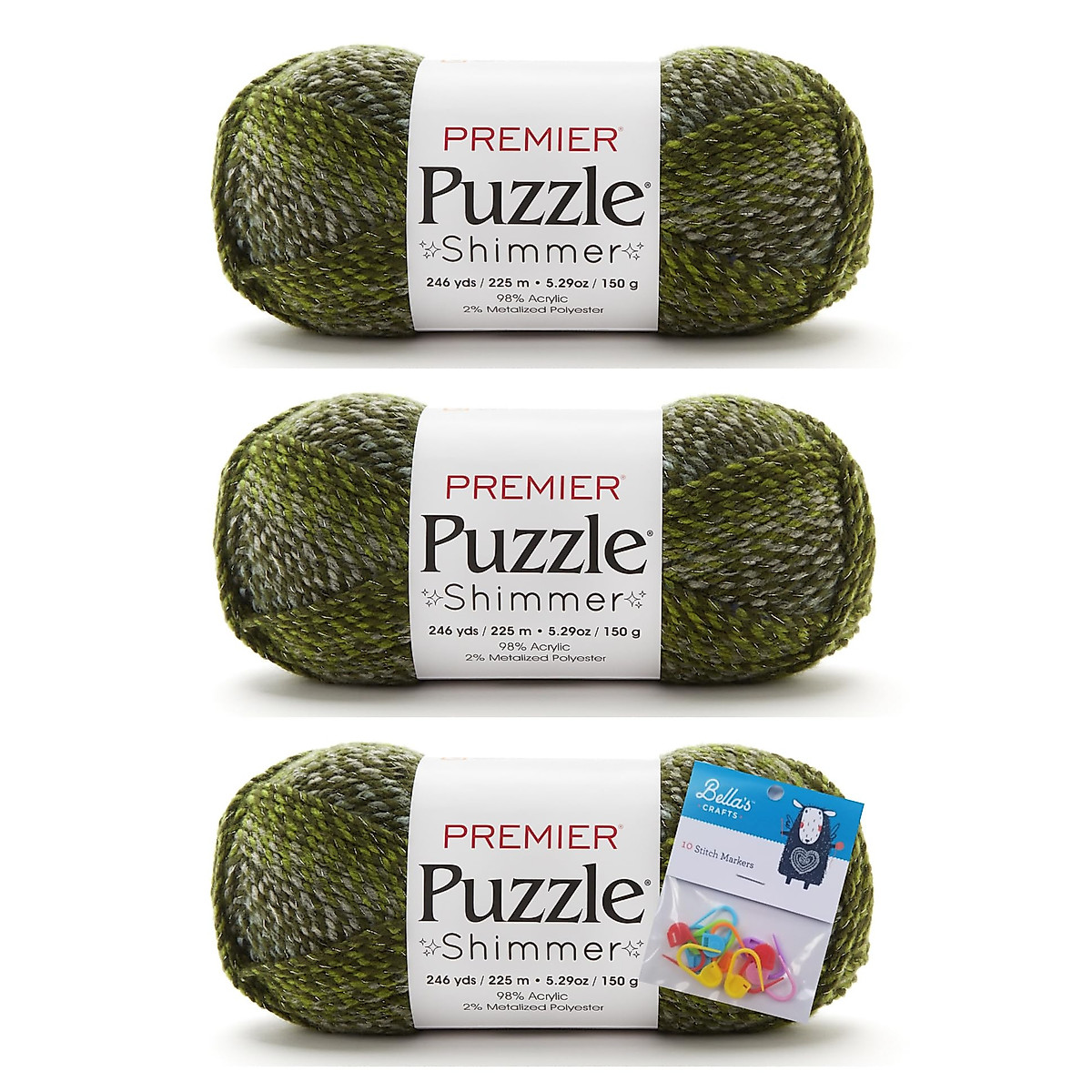 Premier Puzzle Shimmer Yarn 3-Pack Bundle with Bellas Crafts Stitch Markers (Maze Shimmer)