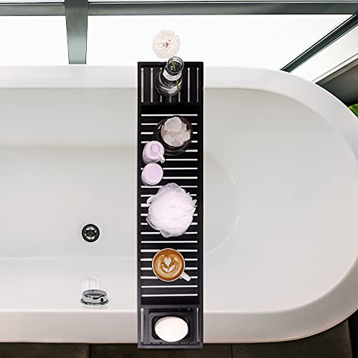 BUDFAY Bathtub Tray, Foldable Bamboo Bath Tray, Stylish Bathroom Accessories with Free soap Dish, Foot Brush, Bath Ball (Black)