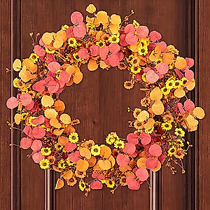 DIYFLORU Fall Wreaths for Front Door 22 inch Autumn Door Wreath Fall Eucalyptus Wreath with Daisy for Thanksgiving Harvest Festival Indoors Outside