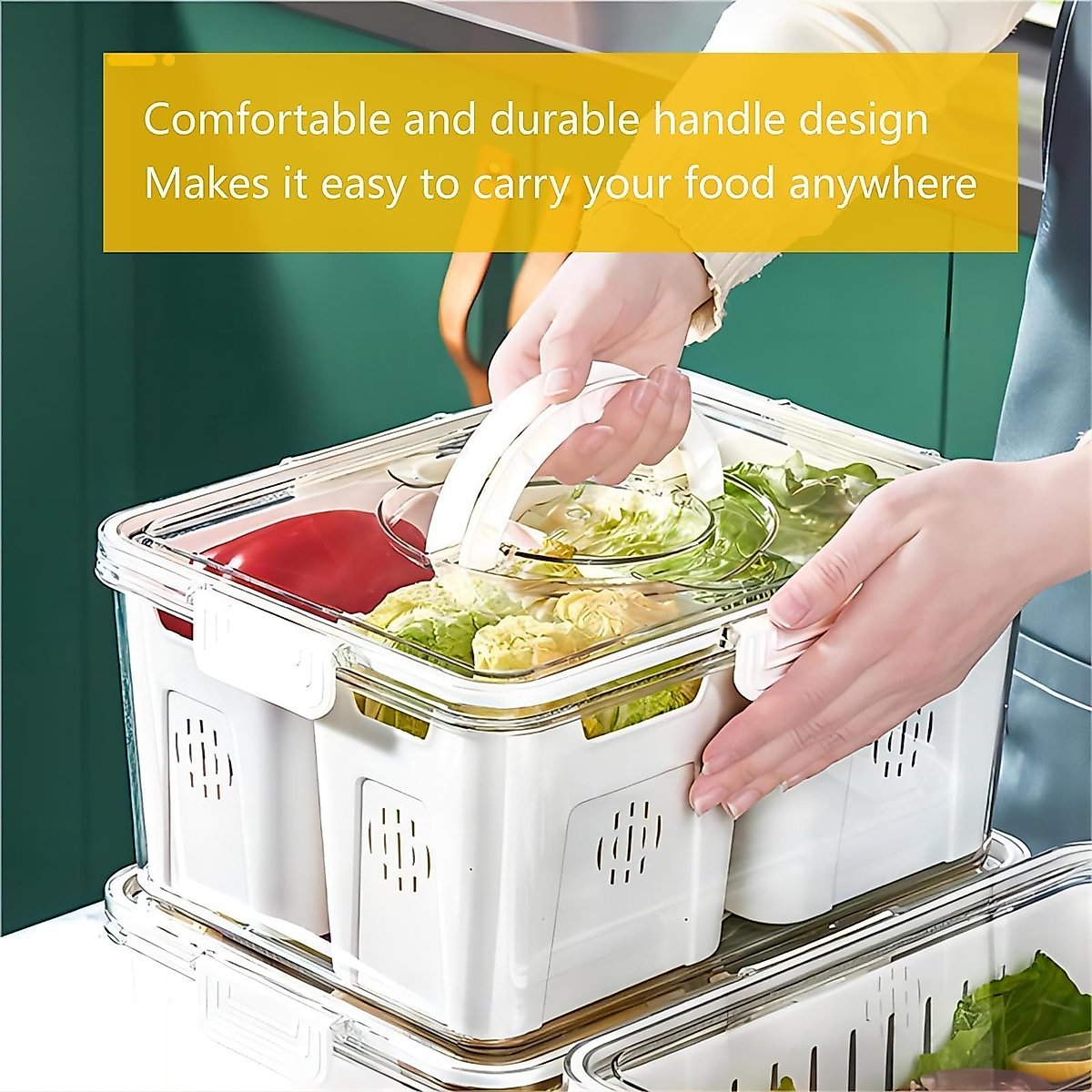 Fruit Containers for Fridge，Fresh Food Containers for Refrigerator，Fruit Containers for Fridge Keep Fresh，Food Box Container with 3 Removable Colanders for Berry，Vegetable, Refrigerator Organizer Bins
