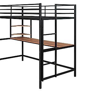 RORIGAT Metal Twin Size Loft Bed with Desk,Heavy Duty Loft Bed Frame with Storage Shelves,Space Saving Twin Loft Bed for Kids, Teens,Twin,Black