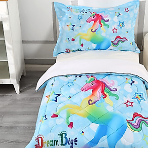 VIVILINEN Blue Unicorn Toddler Comforter Set for Girls 3 Piece Rainbow Unicorn Kid Toddler Bedding Set for Kids Bed-in-a-Bag Bedspreads Quilt Set with Comforter, 2 Pillowcases