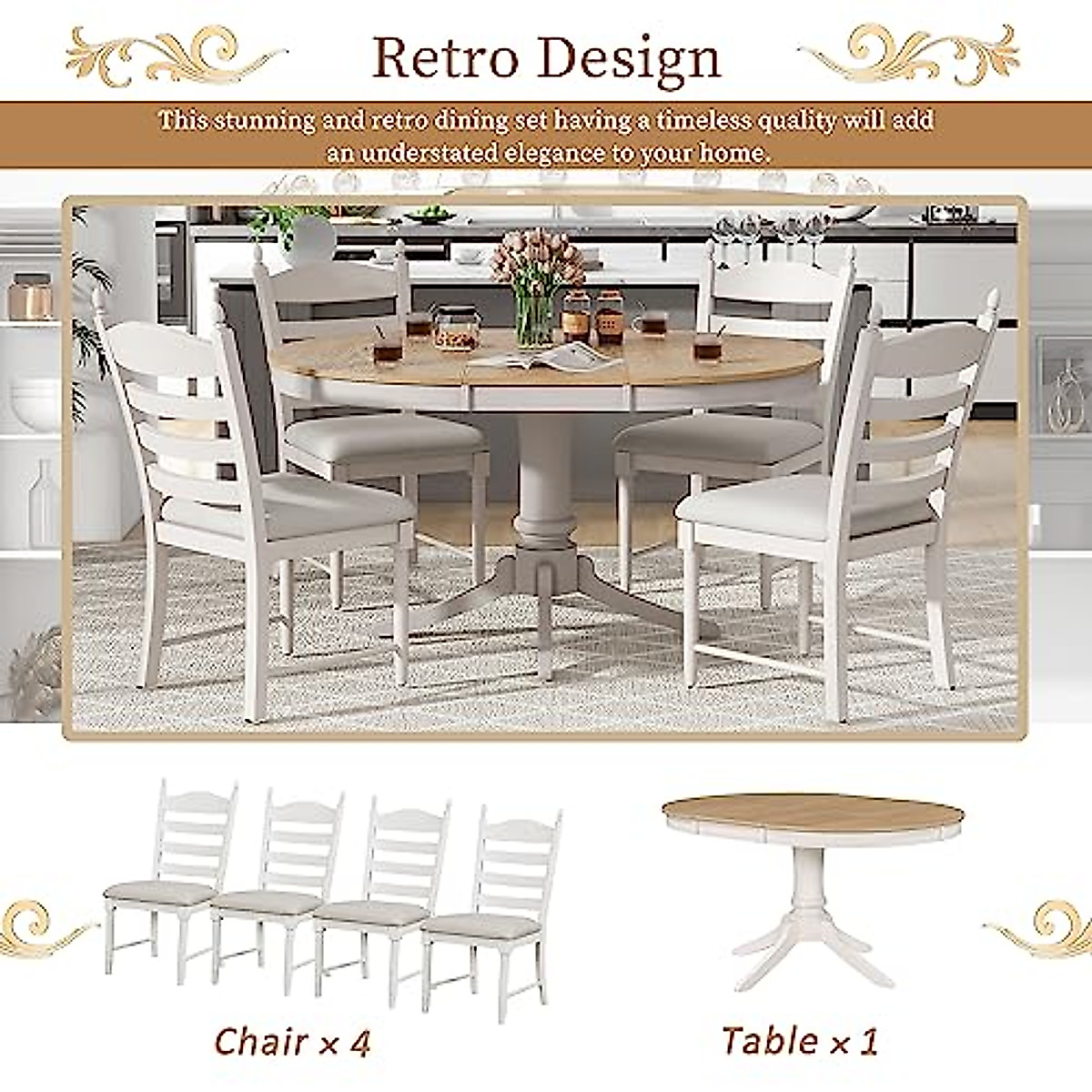 Tensun Dining Table Set, 5-Piece Retro Functional Dining Table Set, Wood Round Extendable Kitchen Table and 4 Upholstered Dining Chairs with Backrest for Kitchen, Living Room, Off White