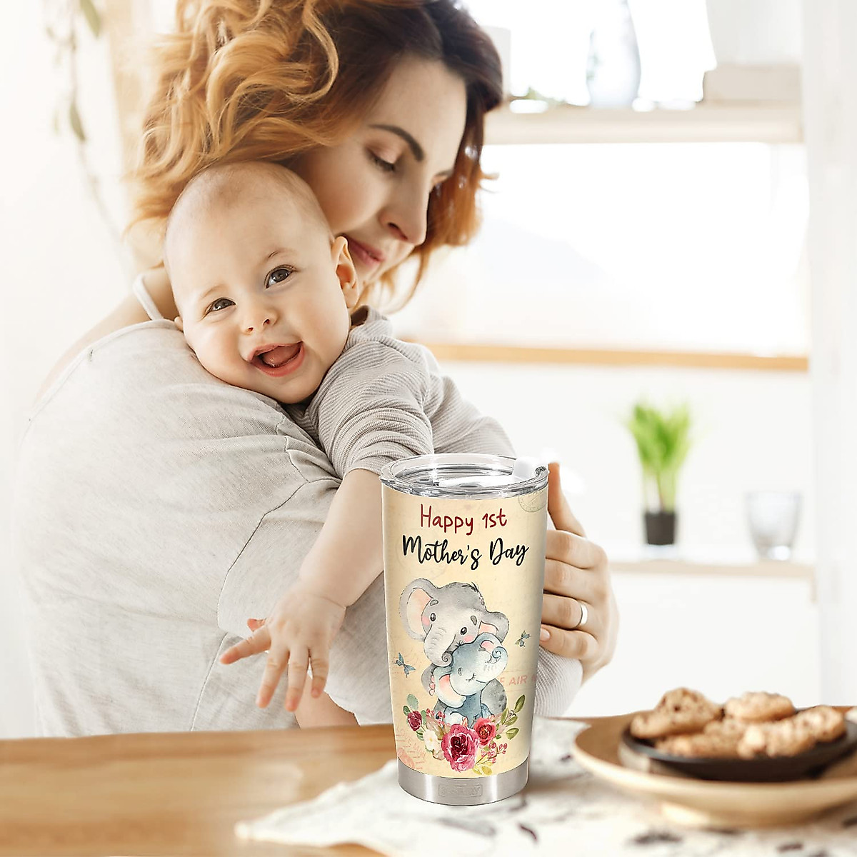 365FURY First Mothers Day Gifts For New Mom, Daughter From Baby, Sister, Son - 1st Mothers Day Coffee Mug - Elephant 20oz Double Wall Vacuum Insulated Tumbler With Lid for Woman