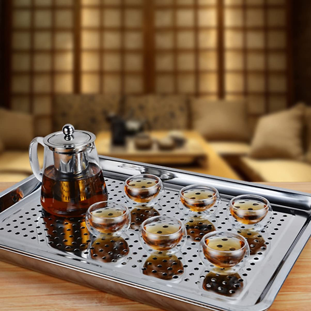 BESTonZON Drip Tray Stainless Steel Tea Drinks Serving Tray Hollow Tea Tray Serving Tray for Tea Serving Tray, Tea