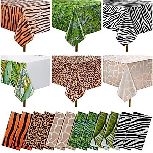 12Pack Animal Safari Tablecloth Jungle Animal Zoo Theme Party Table Cloth Leopard Tiger Zebra Giraffe Palm Leaf Print Table Cover for Jungle Safari Birthday Baby Shower Party Decorations (Six Styles)