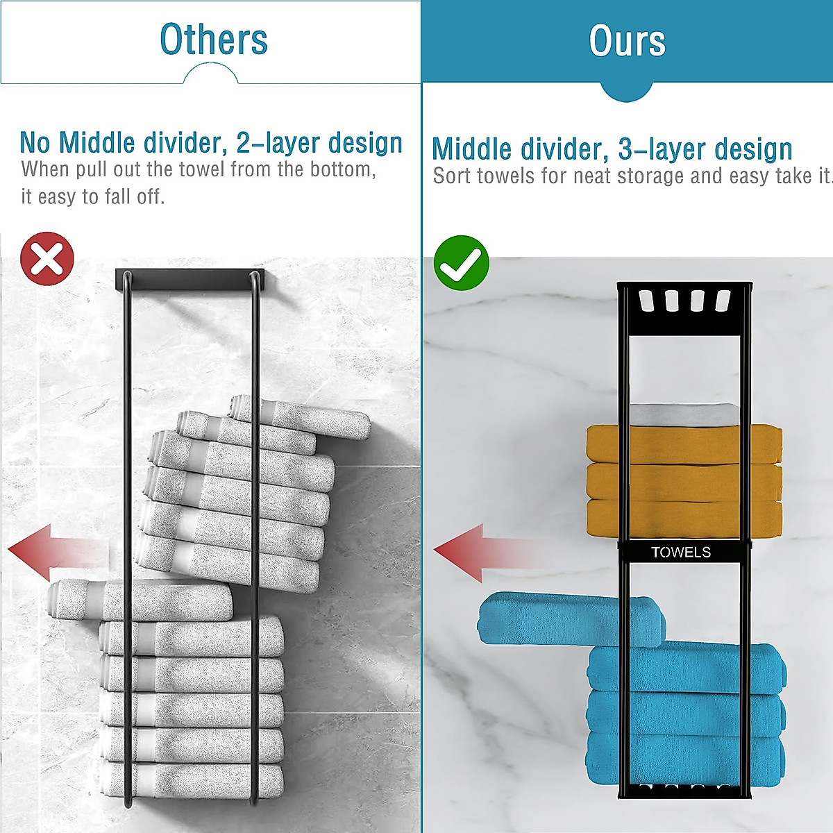 Bathroom Towel Storage Rack, Wall Towel Rack for Rolled Towels, 3 Tier Towel Holder Shelf with 4 Hooks for Small Bathroom, Matte Black