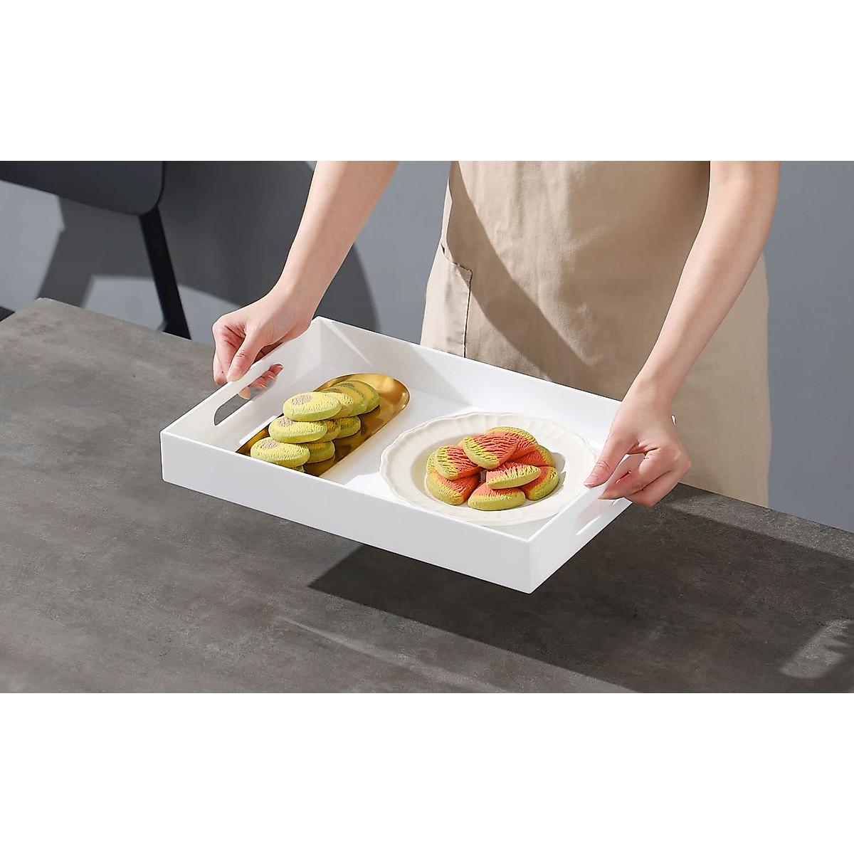 BEYLANG Glossy White Sturdy Acrylic Serving Tray with Handles-10x15Inch-Serving Coffee,Appetizer,Breakfast,Butler-Kitchen Countertop Tray-Makeup Drawer Organizer-Vanity Table,Ottoman Tray-Decorative