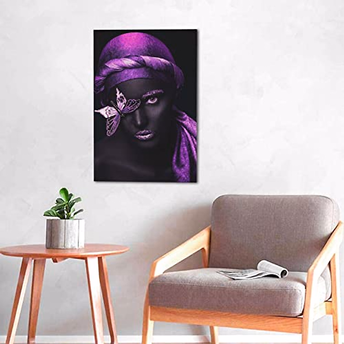 Siufgak Black Women Canvas Wall Art African American Purple Turban Butterfly Poster Black Art Fashion Contemporary Artwork For Living Room Bedroom (16"X24" Unframed)