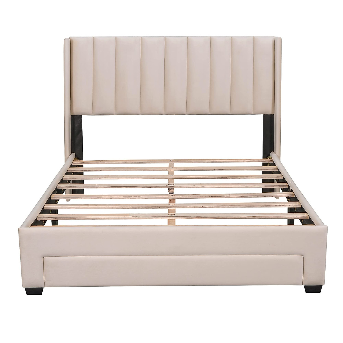 Full Platform Bed Frame with Big Storage Drawers, Velvet Upholstered Full Size Bed with Headboard,Solid & Sturdy,No Box Spring Required. (Beige#8)