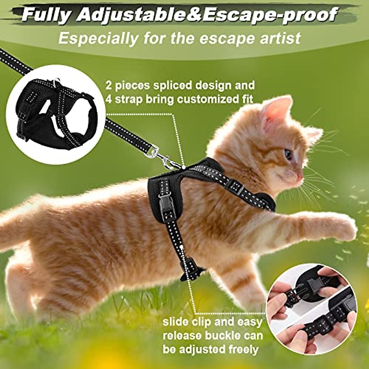 Supet Cat Harness and Leash Set for Small to Large Cats, Adjustable Cat Leash and Harness Set Escape Proof with Reflective Trim Universal Kitten Harness for Cats Puppies Outdoor Walking