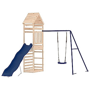 Loibinfen Outdoor Playset Solid Wood Pine, Garden Play Set with 1 Play Tower,1 Wave Slide,1 Single Swing Set, Modern Outdoor Backyard Children's Climbing Wood Playground Playset,-4588