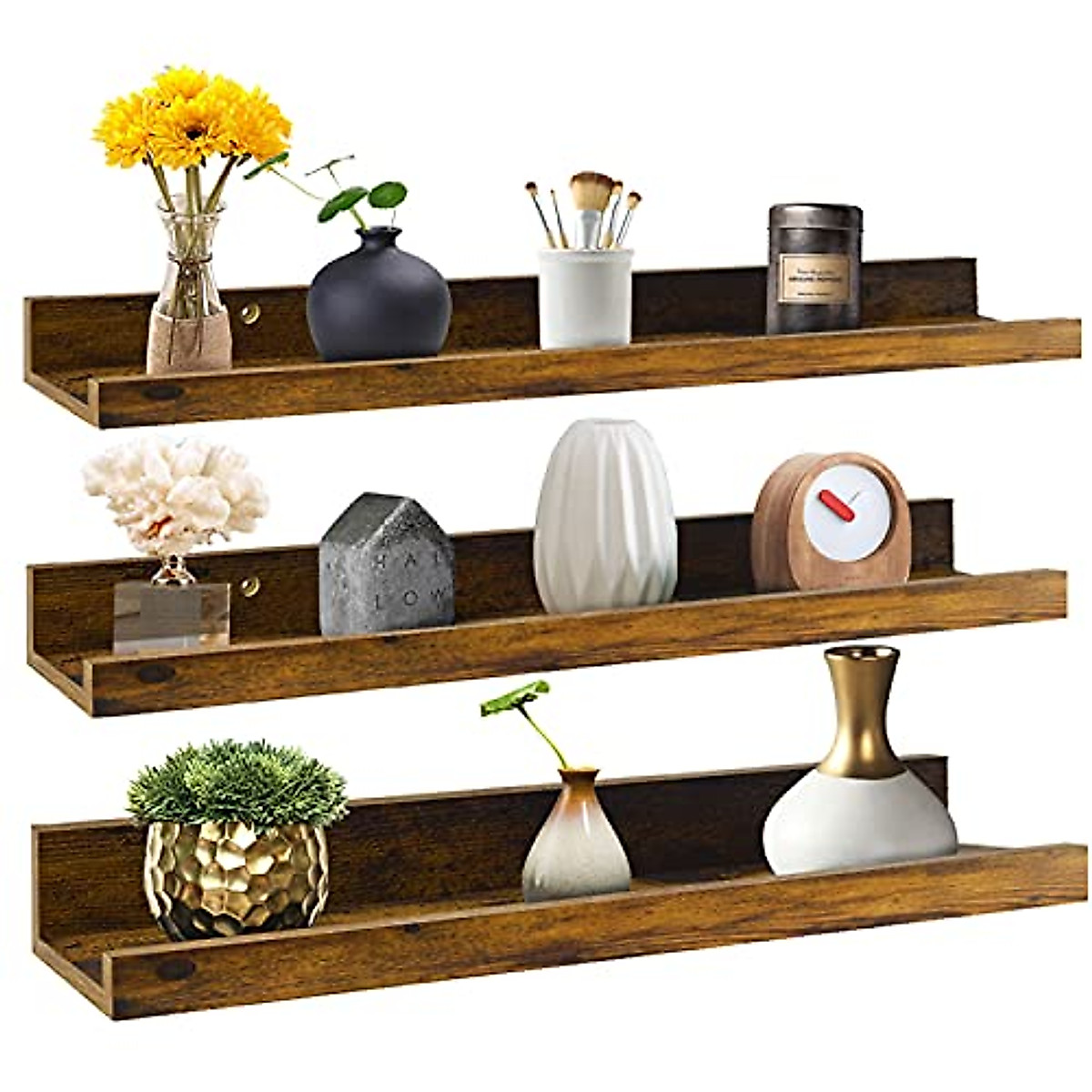 Giftgarden 24 Inch Floating Shelves Wall Mounted Set of 3, Rustic Large Wall Shelves Picture Ledge Shelf for Bedroom Living Room Bathroom Kitchen, 3 Different Sizes
