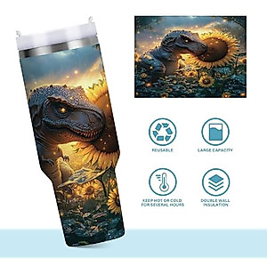 Slewiaeky Tumbler with Handle 40 oz Lovely Beast Dinosaur T Rex Travel Mug with Lid and Straw Stainless Steel Vacuum Insulated Water Bottle Cup for Iced Tea Coffee Cold Beverages Cup Holder Friendly