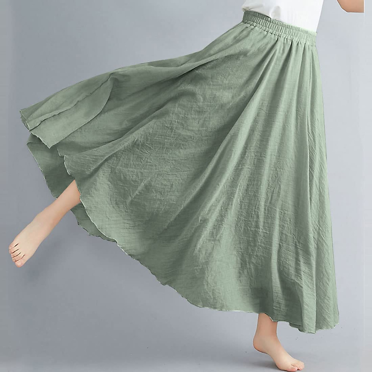 ASHER FASHION Women's Bohemian Style Elastic Waist Band Cotton Linen Long Maxi Skirt Dress (85CM, Light Green)