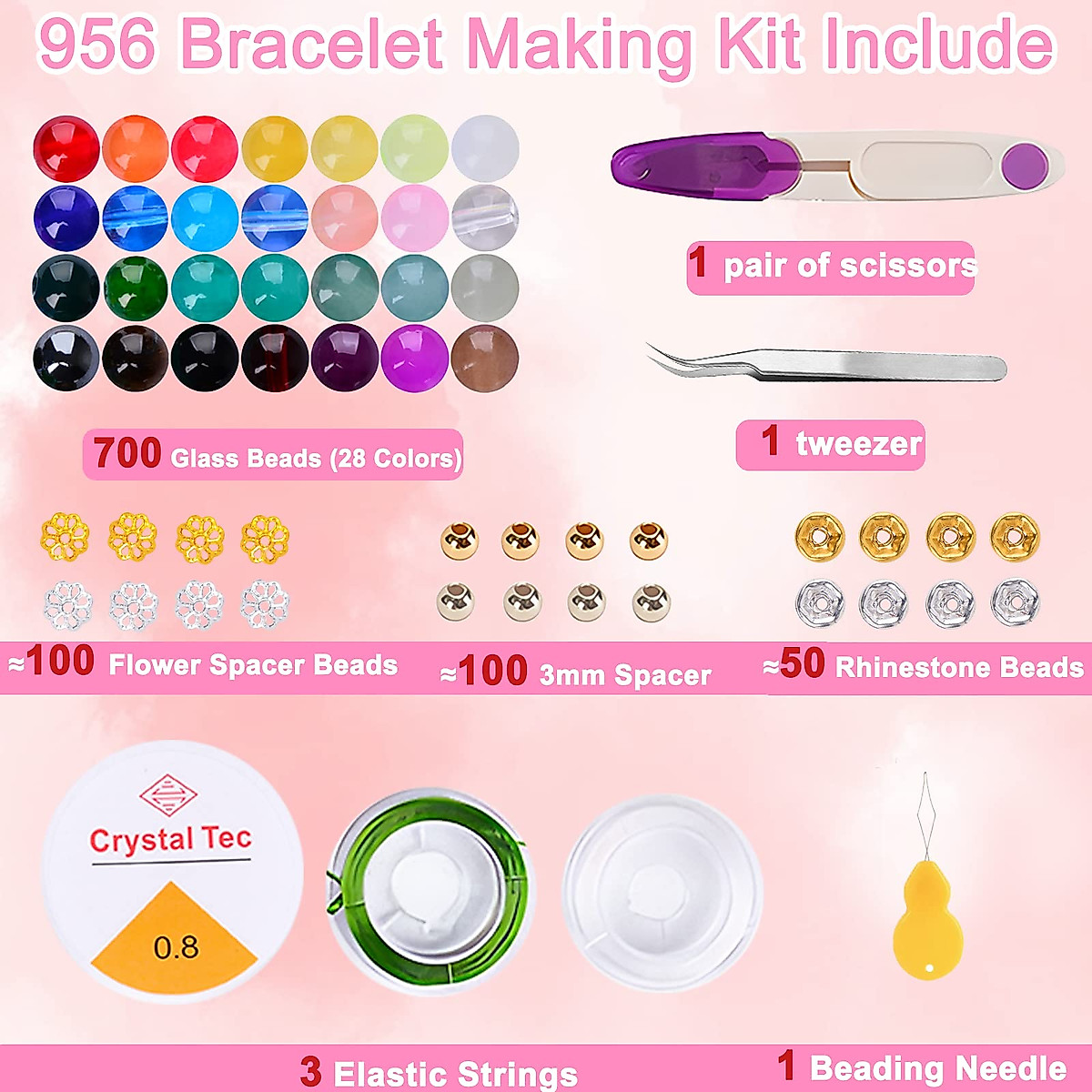 Mizivn 700PCS Glass Beads for Bracelet Jewelry Making, 28 Color 8mm Crystal Gemstone Beaded Bracelets kit with Accessories, Chakra Round Beads for Beginners DIY Crafts Necklace (MultiB)