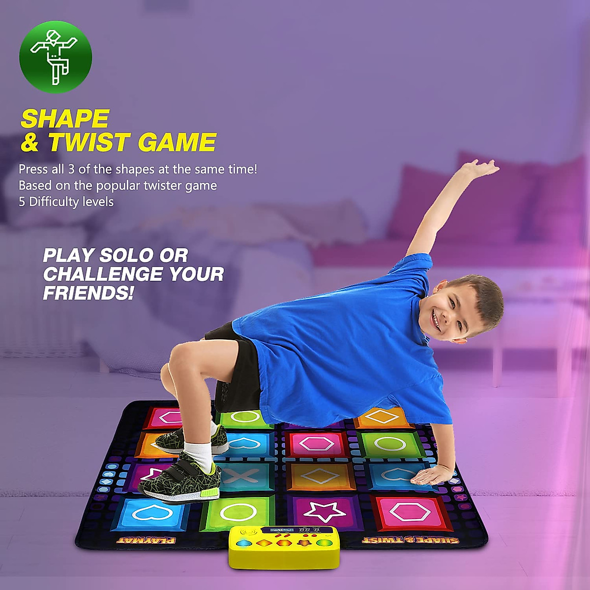 PlayRoute Shape & Twist Dance Mat | 3 Fun Educational Shape Games Mat for Kids Ages 4-8 | Electronic Gift Toy for Girls & Boys Ages 4 5 6 7 8 Years Old | Brain & Memory STEM Toy for Kids