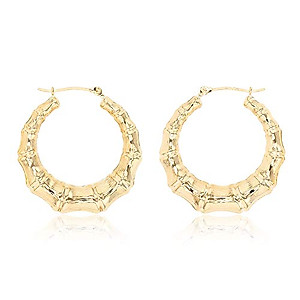 14K Yellow Gold 4.50mm Thick Fancy Bamboo Hoop Earrings with Hinged Clasp | 4.50x30mm Hoop | Round Hoop Earrings | Solid Gold Earrings For Women