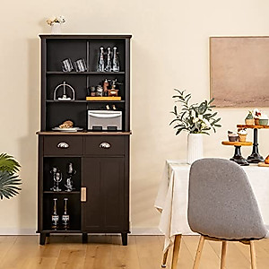 Giantex Buffet Hutch Storage Cabinet, Kitchen Pantry with 2 Drawers, Sideboard with Sliding Door, 2 Tier Shelves, Microwave Countertop, Anti-Toppling, Wood Farmhouse Cupboard for Utensil (Brown)
