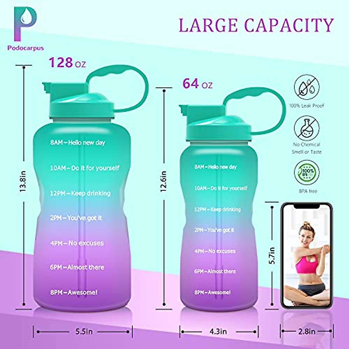 podocarpus Motivational Water Bottle, 1 Gallon Water Bottle, 64 oz Water Bottle, Large Water Bottle, Gallon Water Bottle, Big Water Bottle With Straw, 1/2 Gallon Water Bottle, Half Gallon Water Bottle