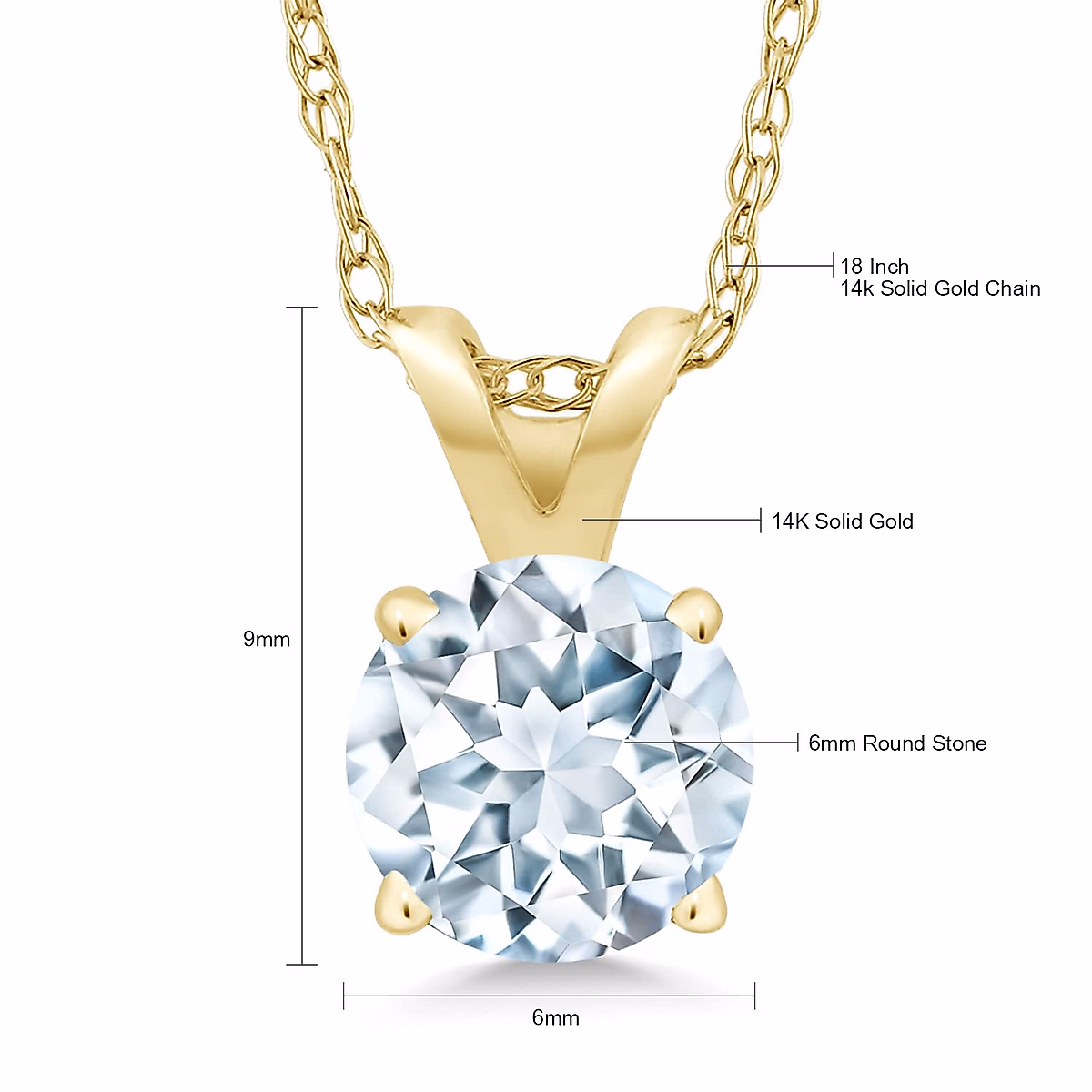 Gem Stone King 14K White Gold 6MM Round Gemstone Birthstone 4-Prong Pendant Necklace | Gold Necklace For Women | With 18 Inch Gold Chain