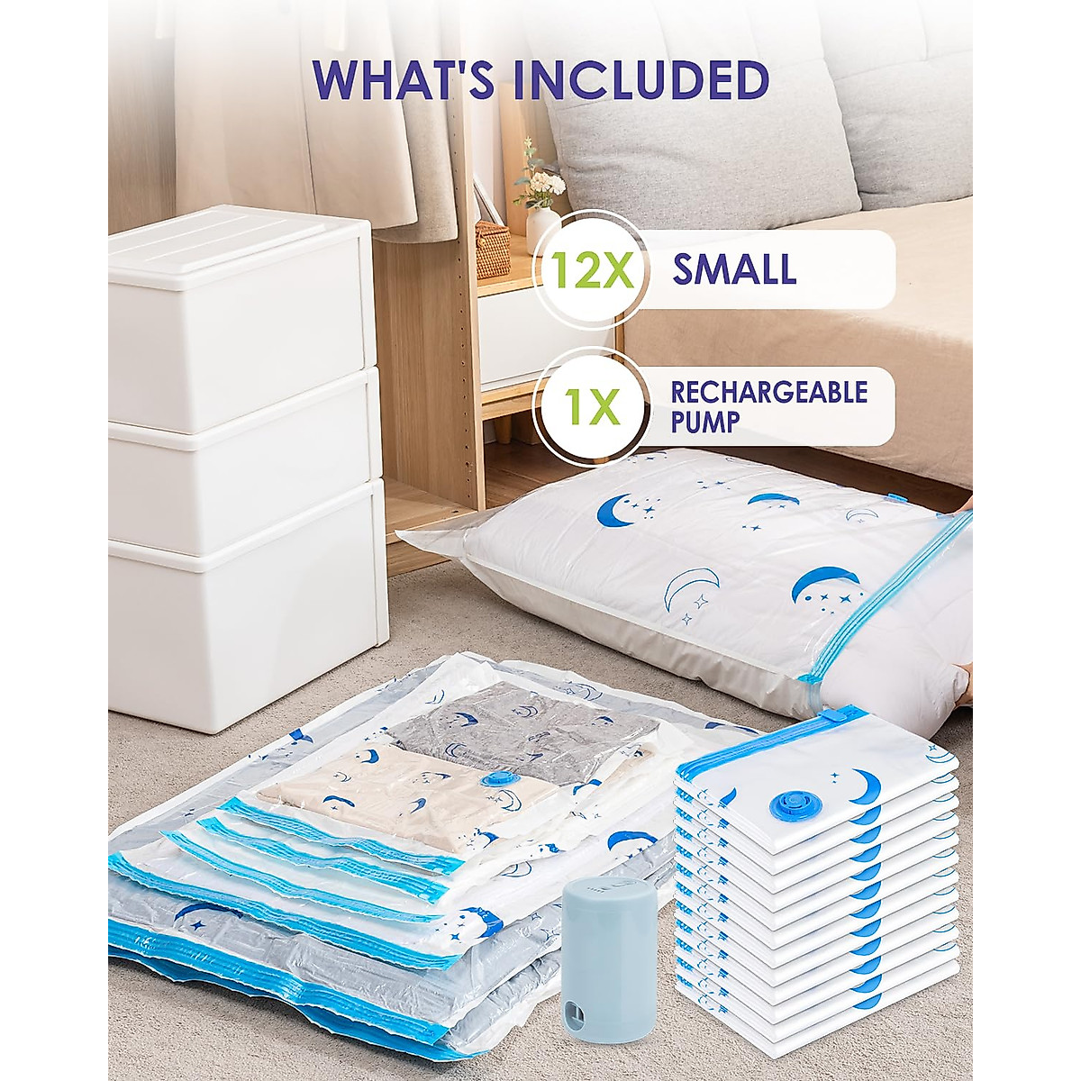 Vacuum Storage Bags, 5 Pack Large Size (32"x22") Reusable Vacuum Compression Space Saving Bag for Clothes, Mattress, Blankets, Duvets, Pillows, Comforters, Quilts, Dresses, Travel