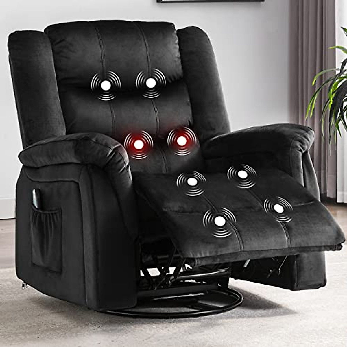 KALEVILL Recliner Chair with Heat and Massage, Recline Chair 360° Swivel Rocker Rocking Recliner, Overstuffed Home Theater Seating with 4 Side Pockets Black