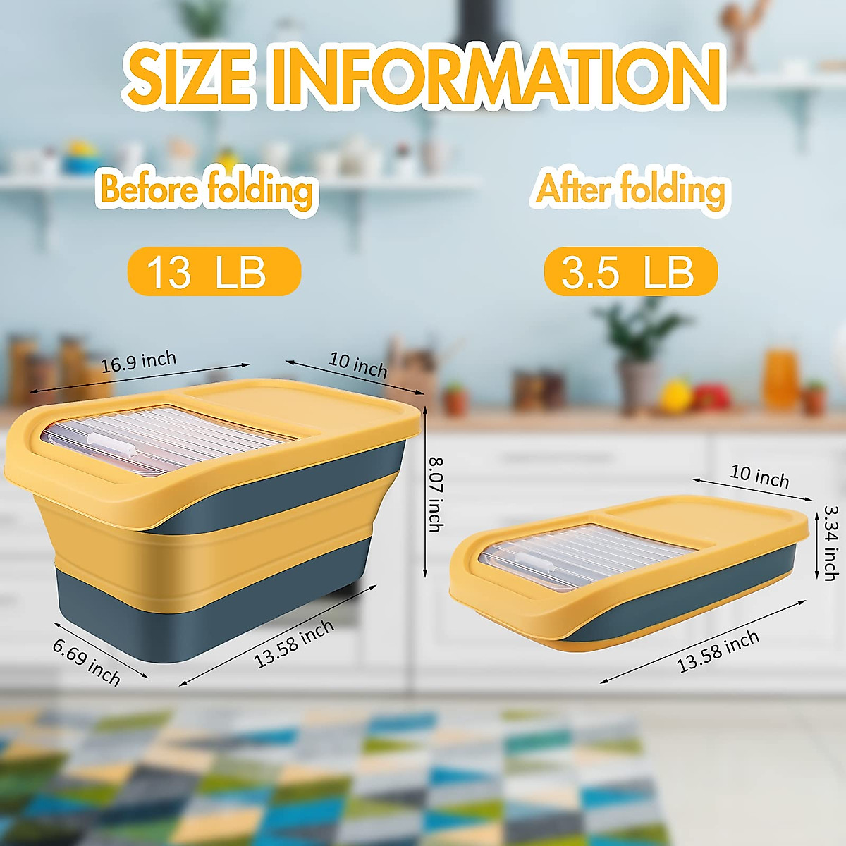 Collapsible 13LB Dog Food Storage Container with Transparent Sliding Lid, Pet Airtight Folding Rice Plastic Bin with Measuring Cup and Scoop Suitable for Storing Oat Millet Macaroni Corn.Yellow