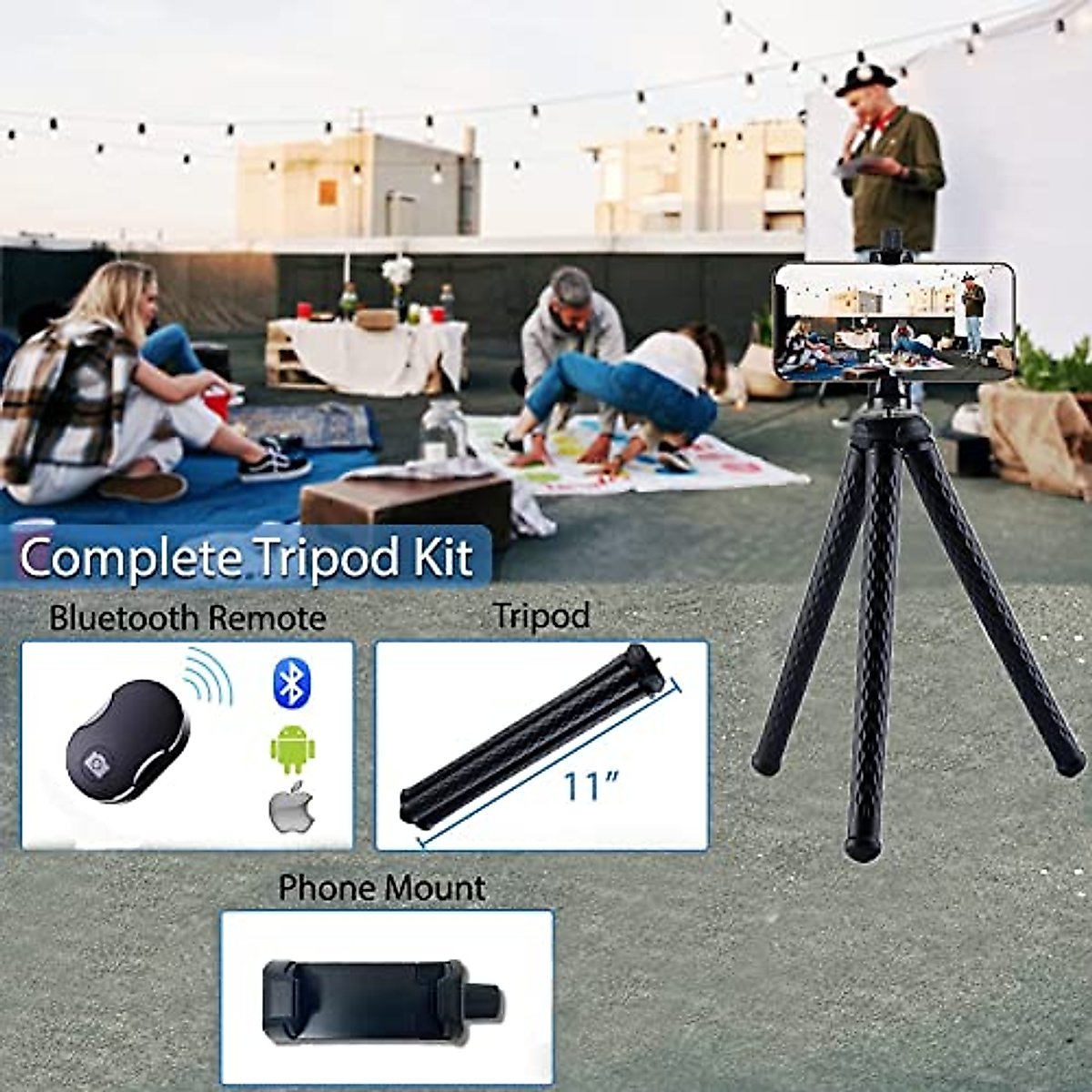 Fugetek Flexible Phone Camera Tripod Stand Holder, with Bluetooth Remote, Compact, Adjustable Legs, Durable Design, Waterproof, GoPro, iPhone XR/XS Max, XS/X, Android Samsung Galaxy, (Black)