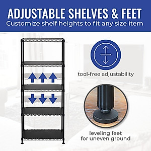 SafeRacks - NSF Certified Storage Shelves, Zinc, Heavy Duty Steel Wire Unit with Wheels and Adjustable Feet, Garage or Bakers Rack, Kitchen, Pantry Shelf - (24"x14"x60" 5-Tier) (Black)