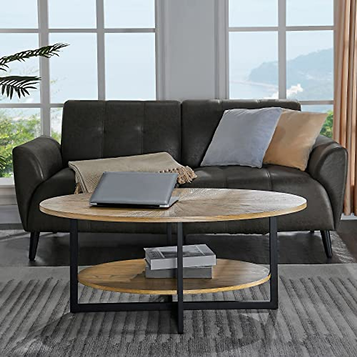 Solid Wood Oval Coffee Table with Cross Metal Legs, 43.3" 2-Tier Modern Industrail Center Table with Open Shelf Polished Edging Cocktail Tea Table for Living Room Bedroom Home, Rustic Nature 1811