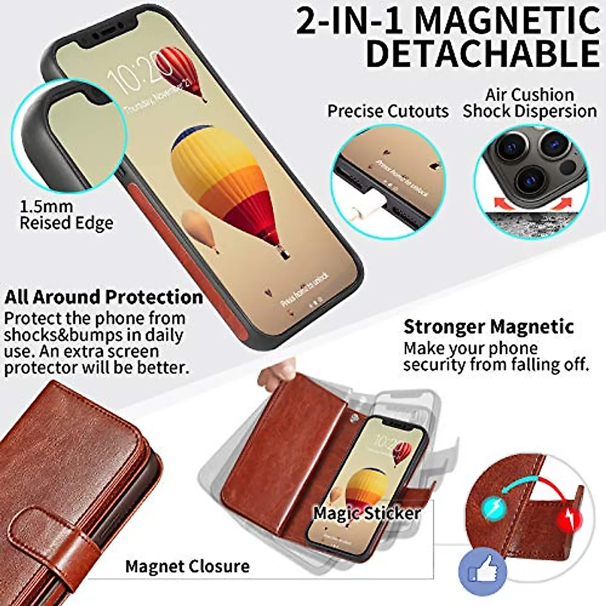 CASEOWL Compatible for iPhone 13 Pro Max Case Wallet for Women Men, [Support Magsafe Wireless Charging] Magnetic Detachable Folio Flip Leather Phone Wallet Case with Card Holder, Wrist Strap(Brown)