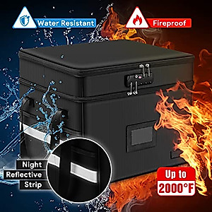 Fireproof Document Box with Lock, ETRONIK 2 Layer File Box Organizer with 5 Tab Inserts, Portable Office Collapsible File Storage with Reflective Strip for Hanging Letter/Legal Size Folder/Certificate