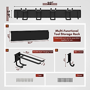 Vilaxing Garage Tool Organizer Wall Mount,Garden Tool Rack Organizer,32 Inch Study Tool Storage Rack for Garage Garden with 6 Adjustable Hooks and 2 Rails,Hold Up to 250lbs Black