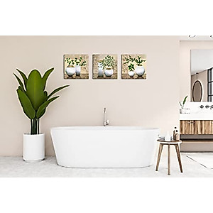 3 Piece Wall Art for Bathroom/Hallway, SZ HD Elegant Canvas Painting Prints of Green Spring Plants in Vases on Beige/Tan Picture (Waterproof Decor, 1" Thick, Bracket Mounted Ready to Hang)