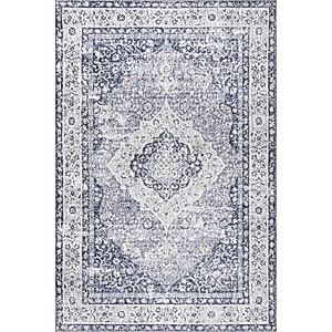 nuLOOM Elsa Floral Blossom Machine Washable Ultra Thin Area Rug, 8' x 10', Blue