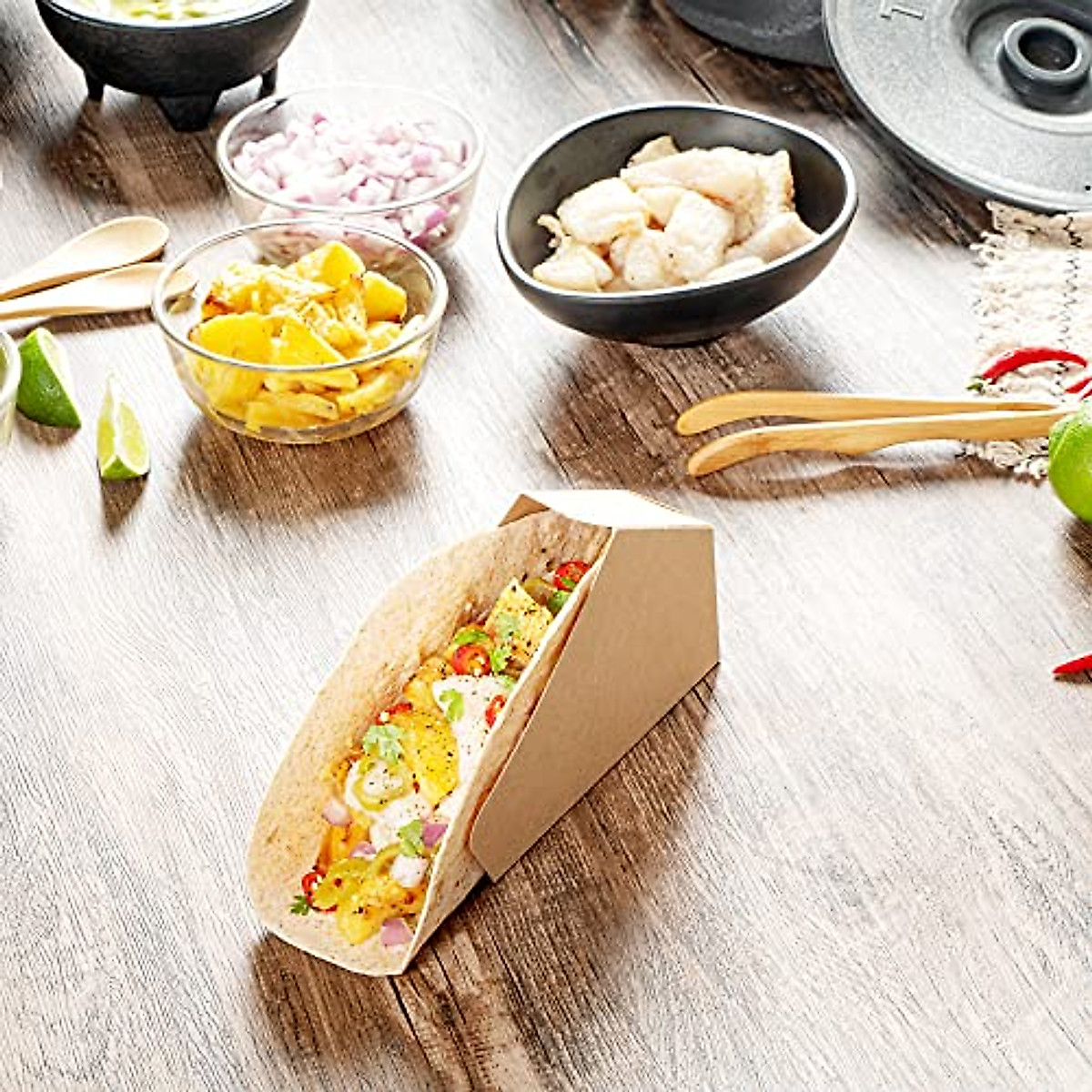 Restaurantware Bio Tek 6 .25 x 2 x 3.75 Inch Single Taco Holder 200 Greaseproof Stand Up Taco Holder - Large Self-Standing Kraft Paper Paper Taco Holder Freezable