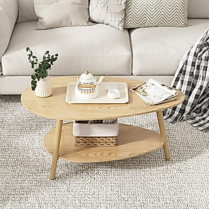 Maupvit Coffee Table-Oval Wood Table with Open Shelving for Storage and Display 2 Tier Sofa Table, Small Modern Furniture Living Room&Home Office-Nature Wood