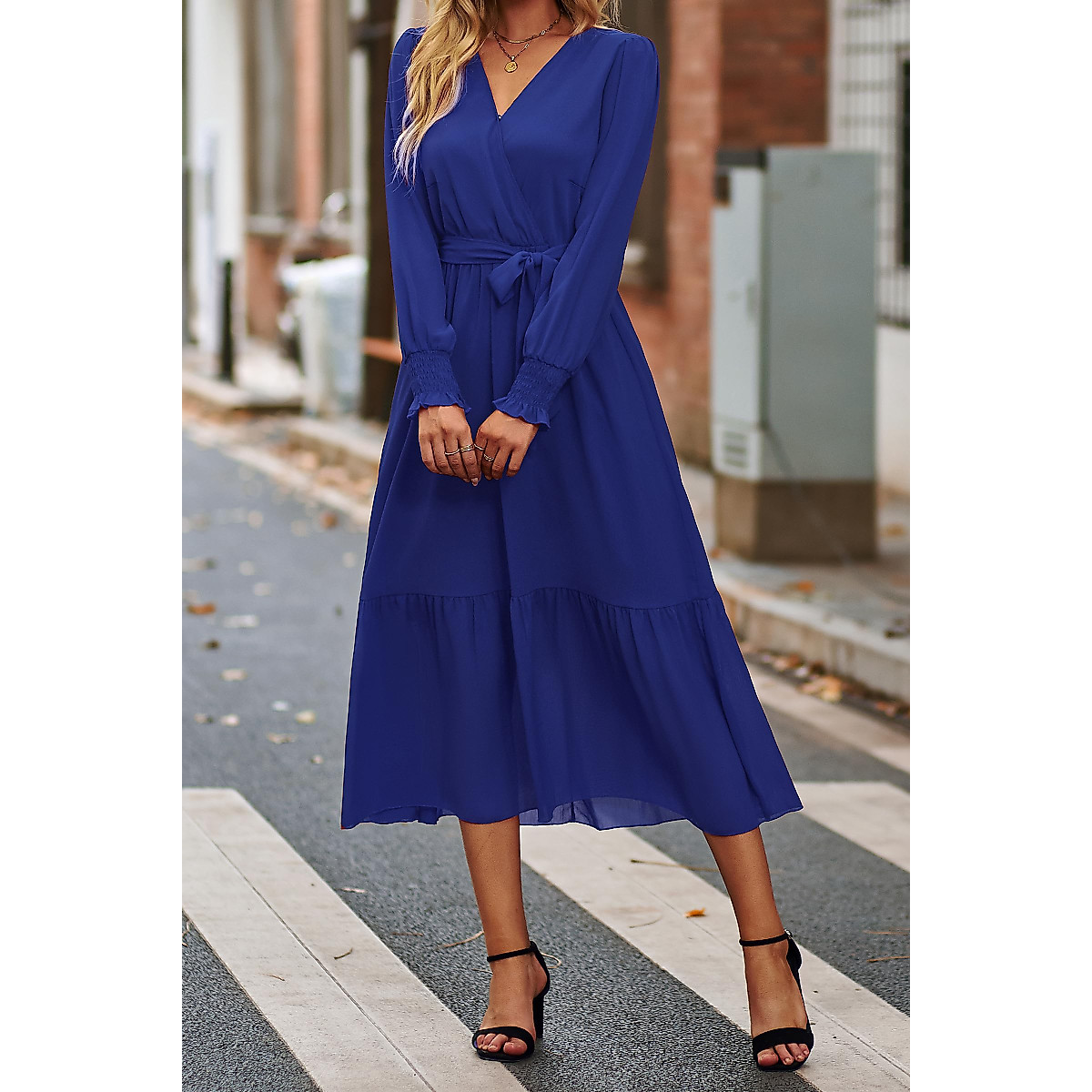 PRETTYGARDEN Women's Floral Print Boho Dress Long Sleeve Wrap V Neck Ruffle Belted A-Line Flowy Maxi Dresses (Solid Blue,Large)