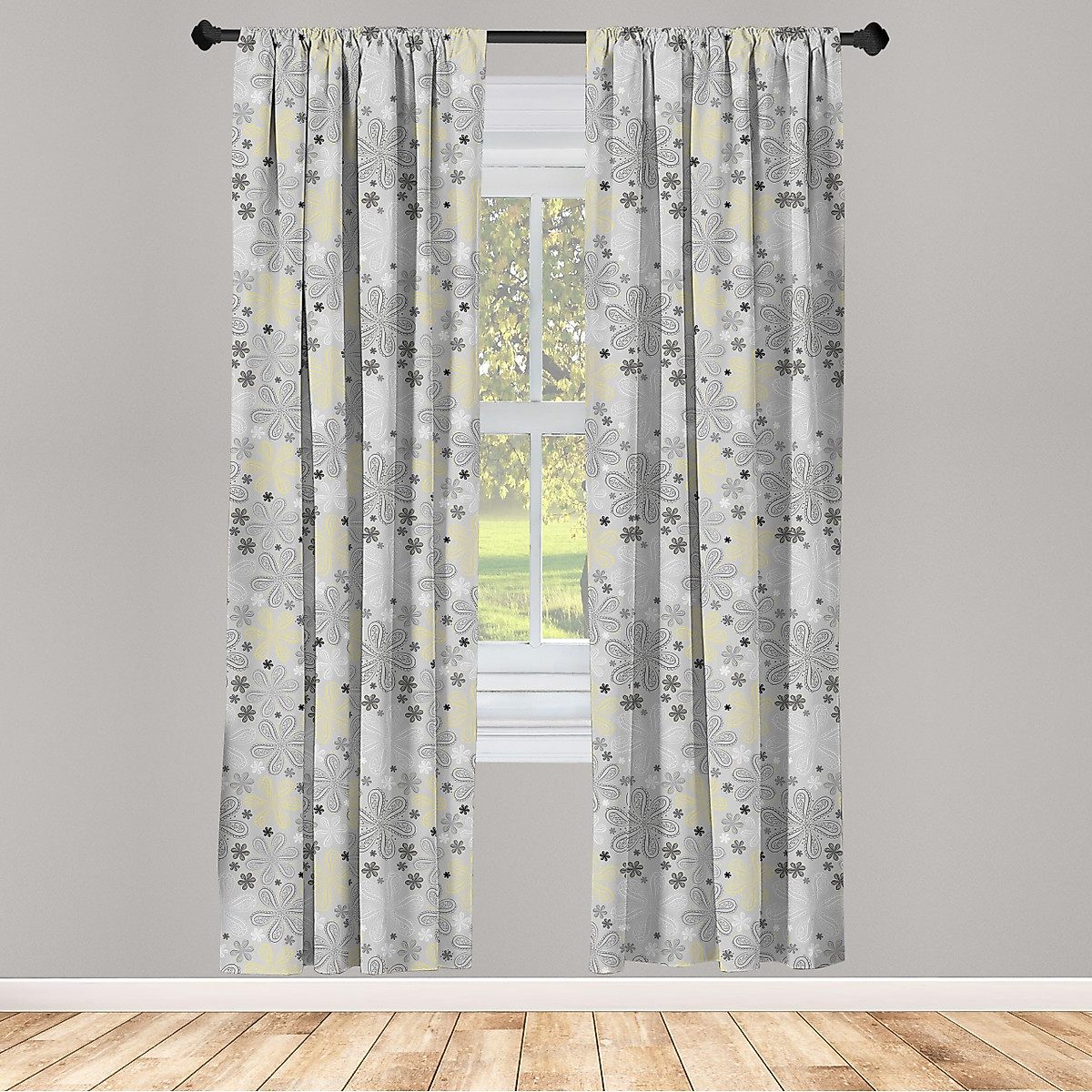 Ambesonne Grey and Yellow Window Curtains, Bohem Style Paisley Print Flowers Dots Art Image, Lightweight Decor 2-Panel Set with Rod Pocket, Pair of - 28" x 63", Grey White